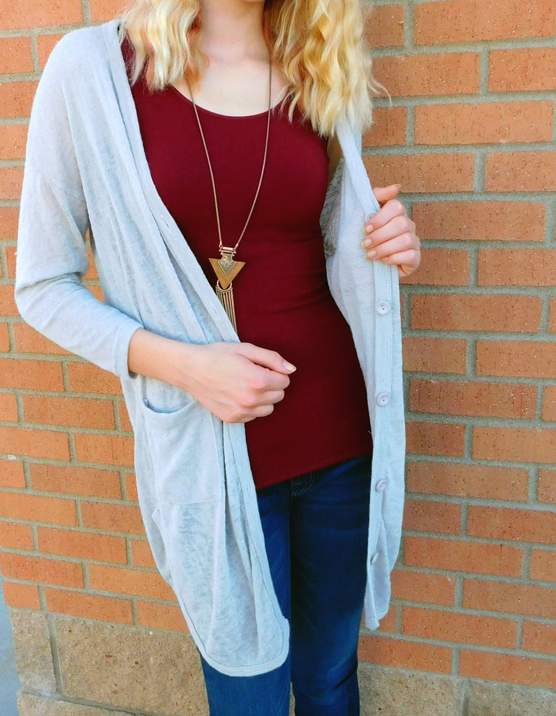 Lumiere Sheer Button Up Cardigan with Pockets Taupe | All Dec'd Out ...